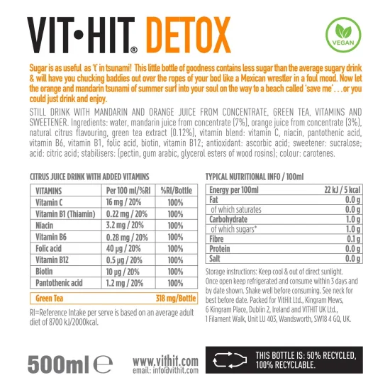 Vit-Hit Detox Mandarin + Orange 500 ml, Pack Of 12