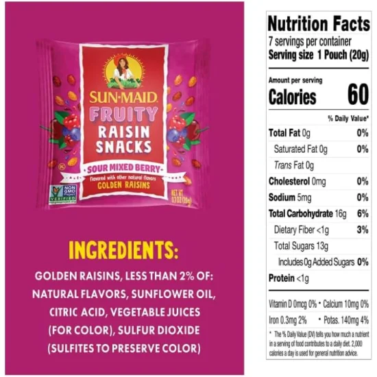 Sun-Maid Fruity Raisin Snacks Sour Mixed Berry Golden Raisins 7 Pouches 20g